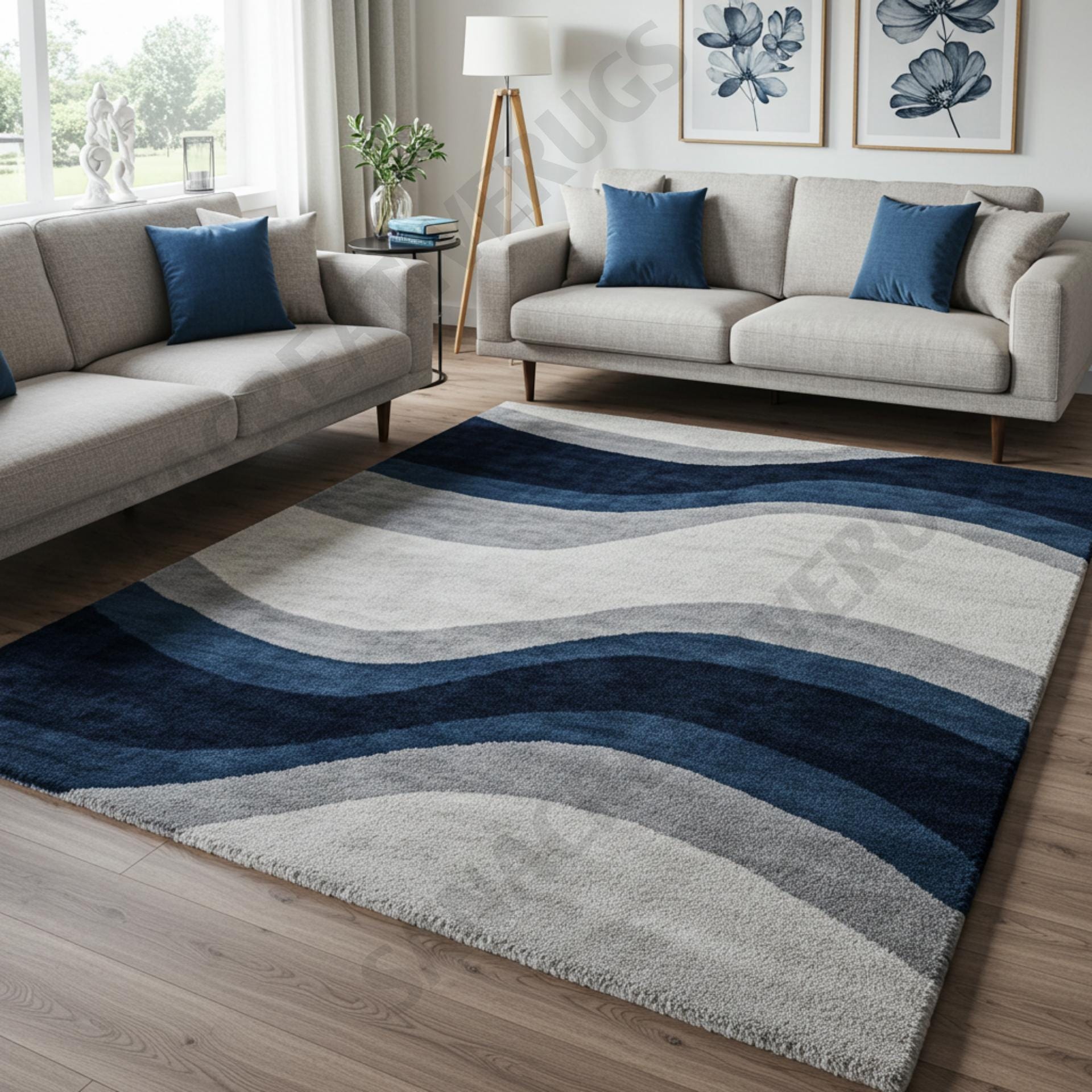 Modern Wavy Area Rug | Blue and Grey Abstract Rug for Living Room ...
