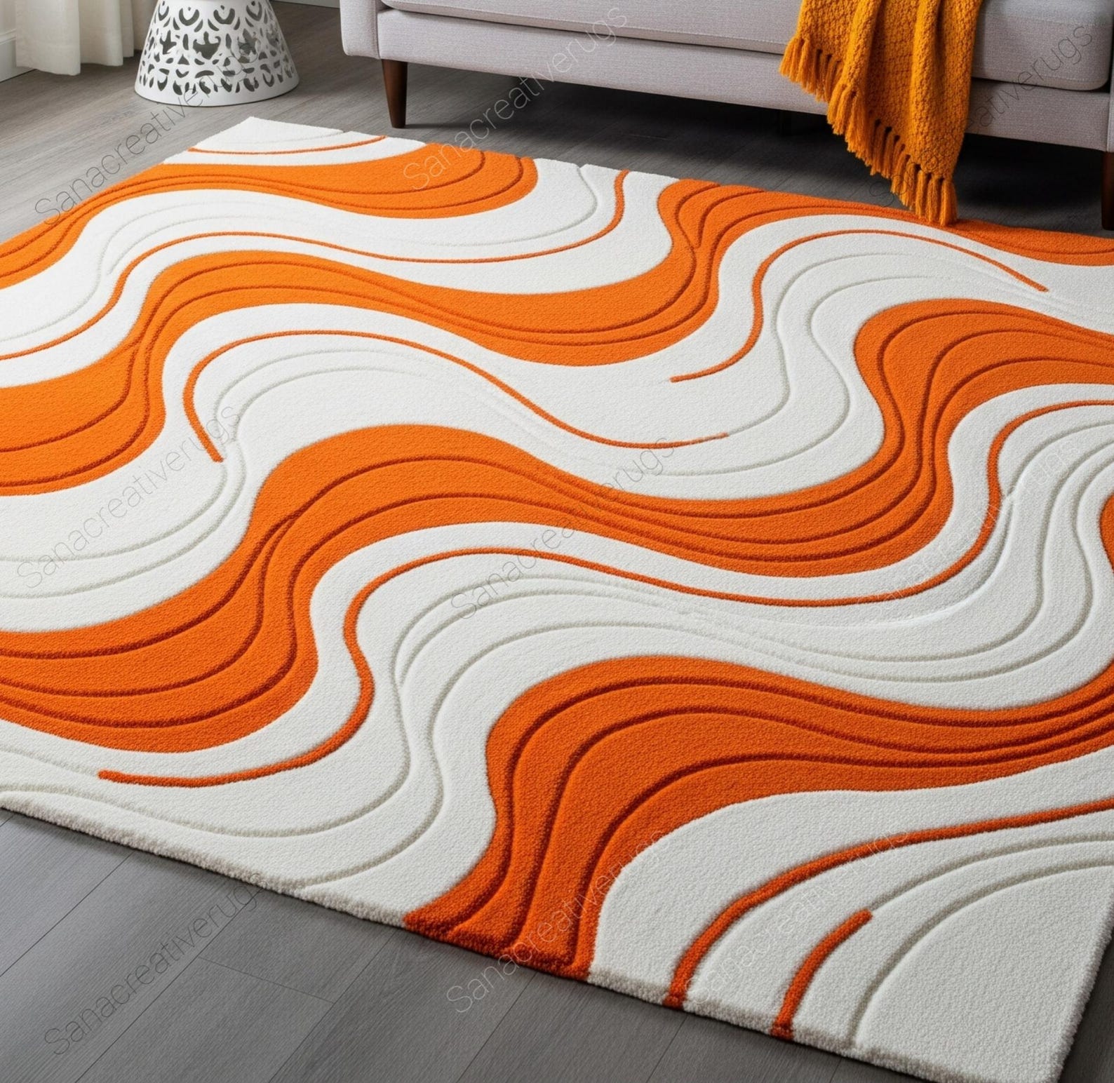 Groovy Orange & White Swirl Rug - Modern Hand-tufted Wool Area Rug for ...