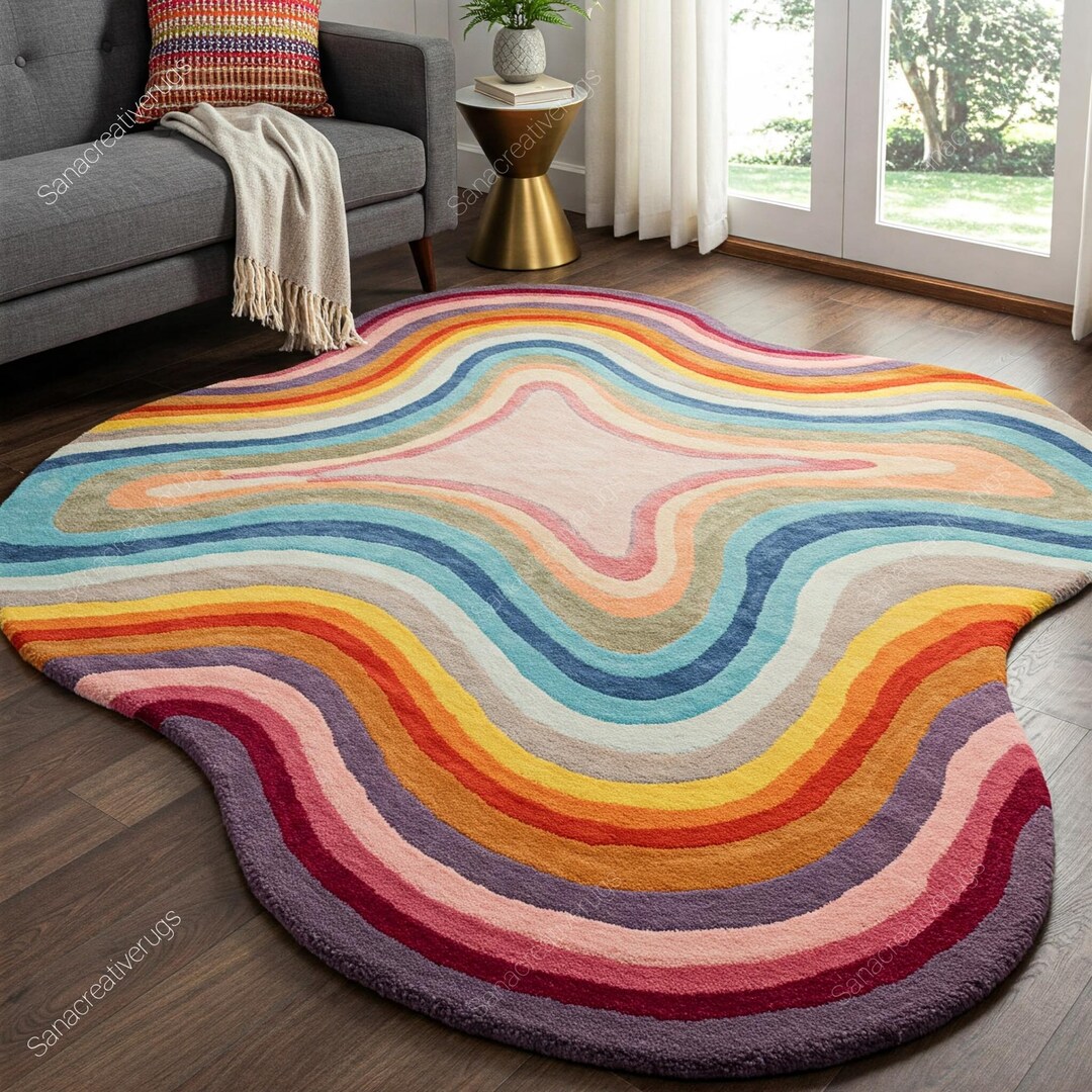 Spectrum Ripple" Hand-tufted Wool Rug - Vibrant Rainbow Hues, Artistic ...