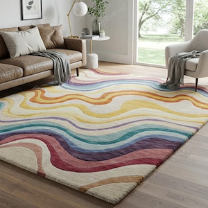 Vibrant Wavy Rainbow Area Rug | Hand-tufted Wool | Modern Abstract ...