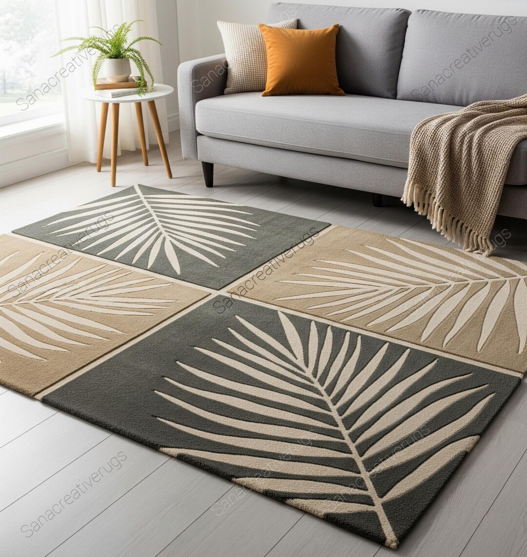 Tropical Palm Leaf Area Rug - Hand-tufted Grey & Beige Wool | Modern ...