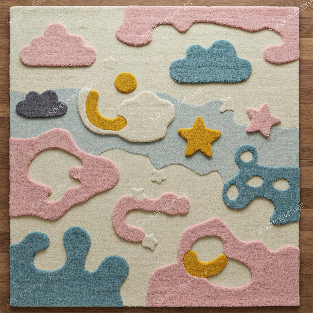 Whimsical Clouds Hand-tufted Wool Rug Pastel Sky Blue, Pink, and Cream ...