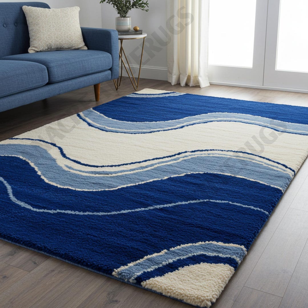Coastal Waves Hand-tufted Wool Rug | Abstract Blue & Ivory Area Rug ...