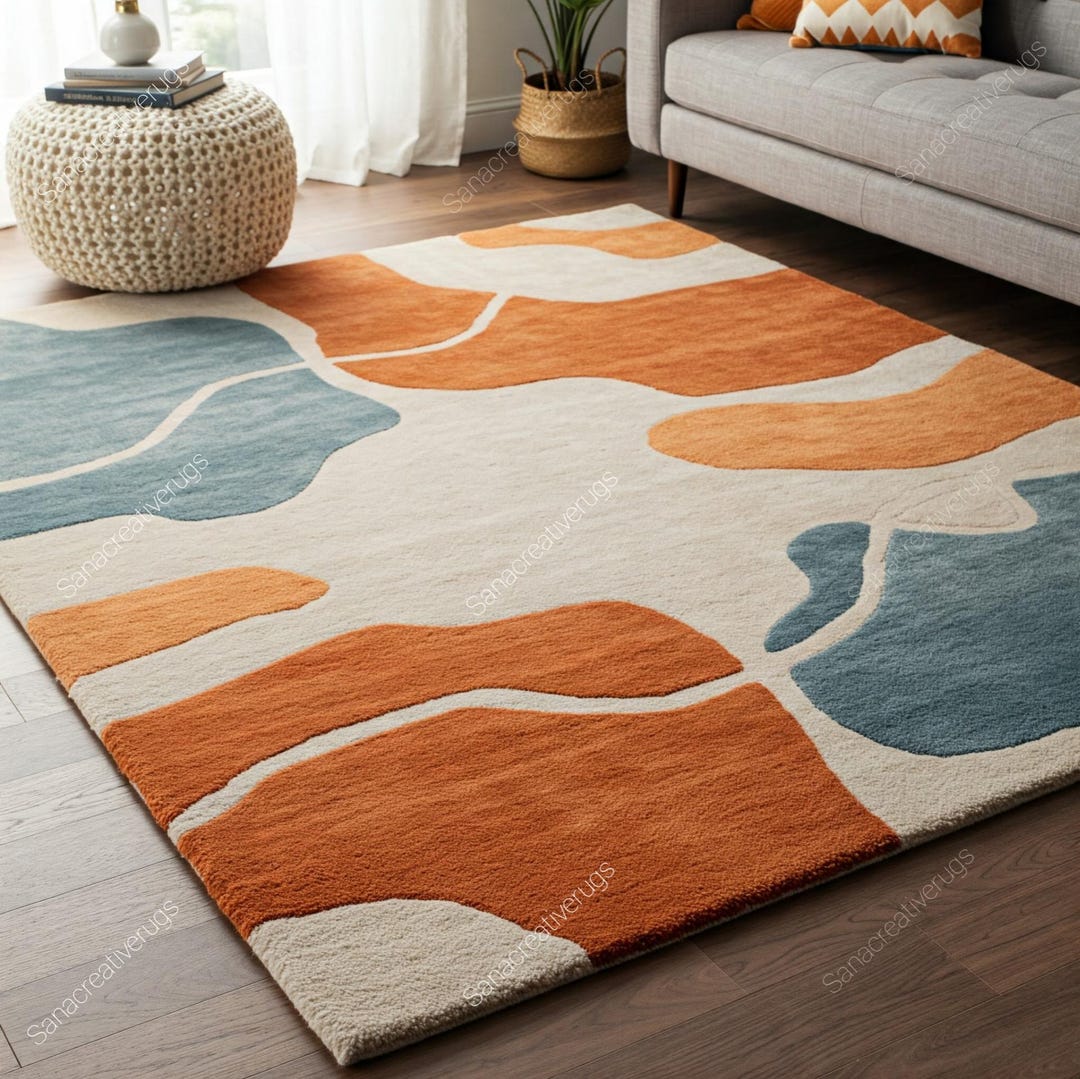 Hand-tufted Wool Rug: Modern Abstract Design, Cream Orange Blue Hues - Etsy