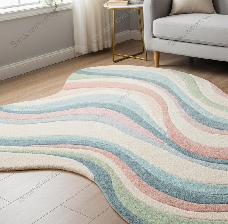 Abstract Wavy Rainbow Rug | Soft Hand-tufted Wool Area Rug for Living ...