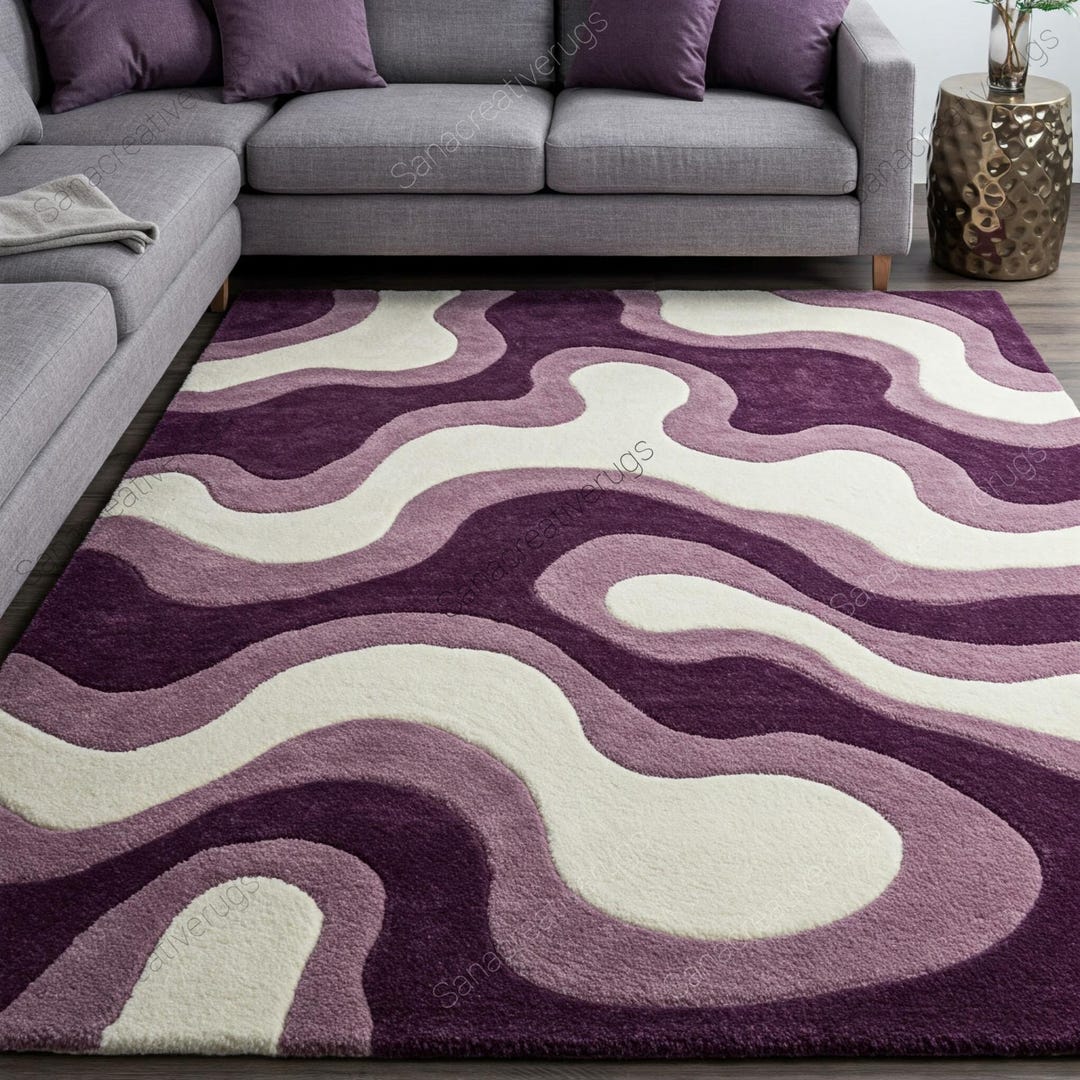 Abstract Purple & Ivory Wavy Area Rug | Hand-tufted Wool Living Room ...