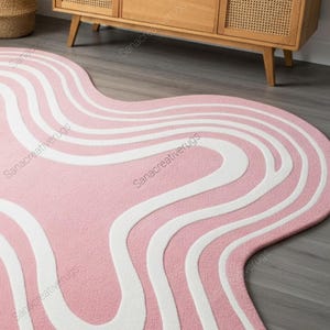 Wavy Pink & White Irregular Area Rug - Modern Hand-tufted Wool Accent ...