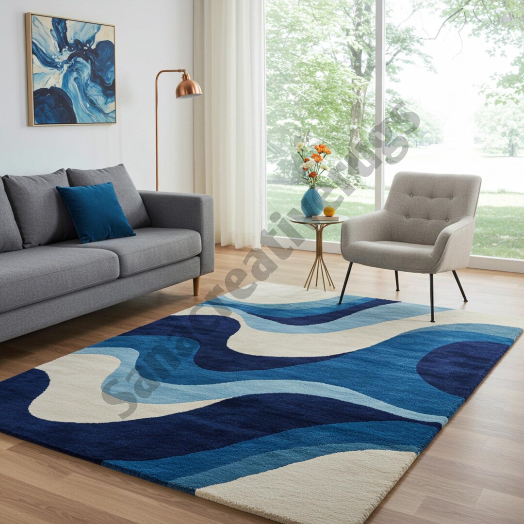 Coastal Abstract Blue Wave Wool Area Rug for Living Room, Hand-tufted ...