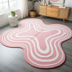 Wavy Pink & White Irregular Area Rug - Modern Hand-tufted Wool Accent ...