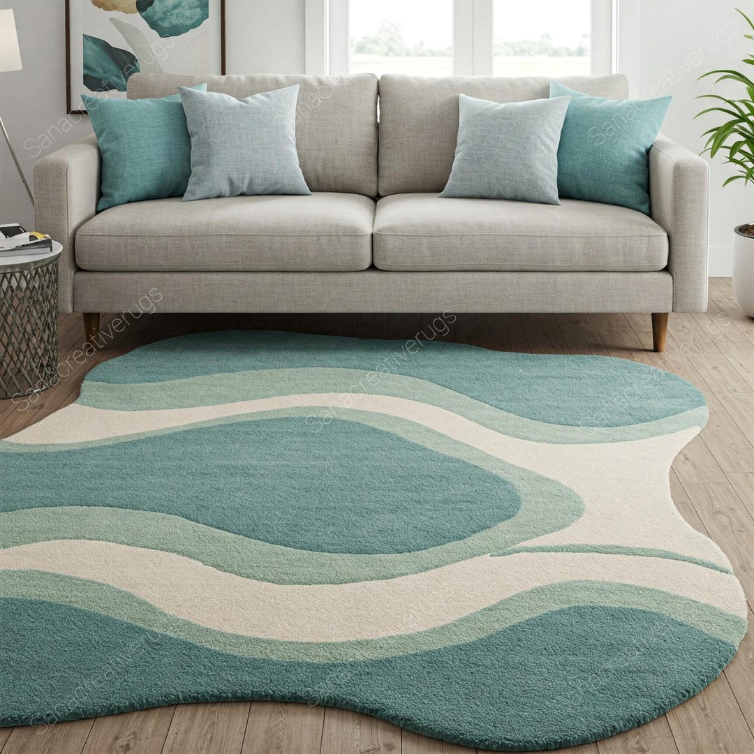Teal Organic Flow Wool Rug: Hand-tufted Elegance for Modern Living Room ...