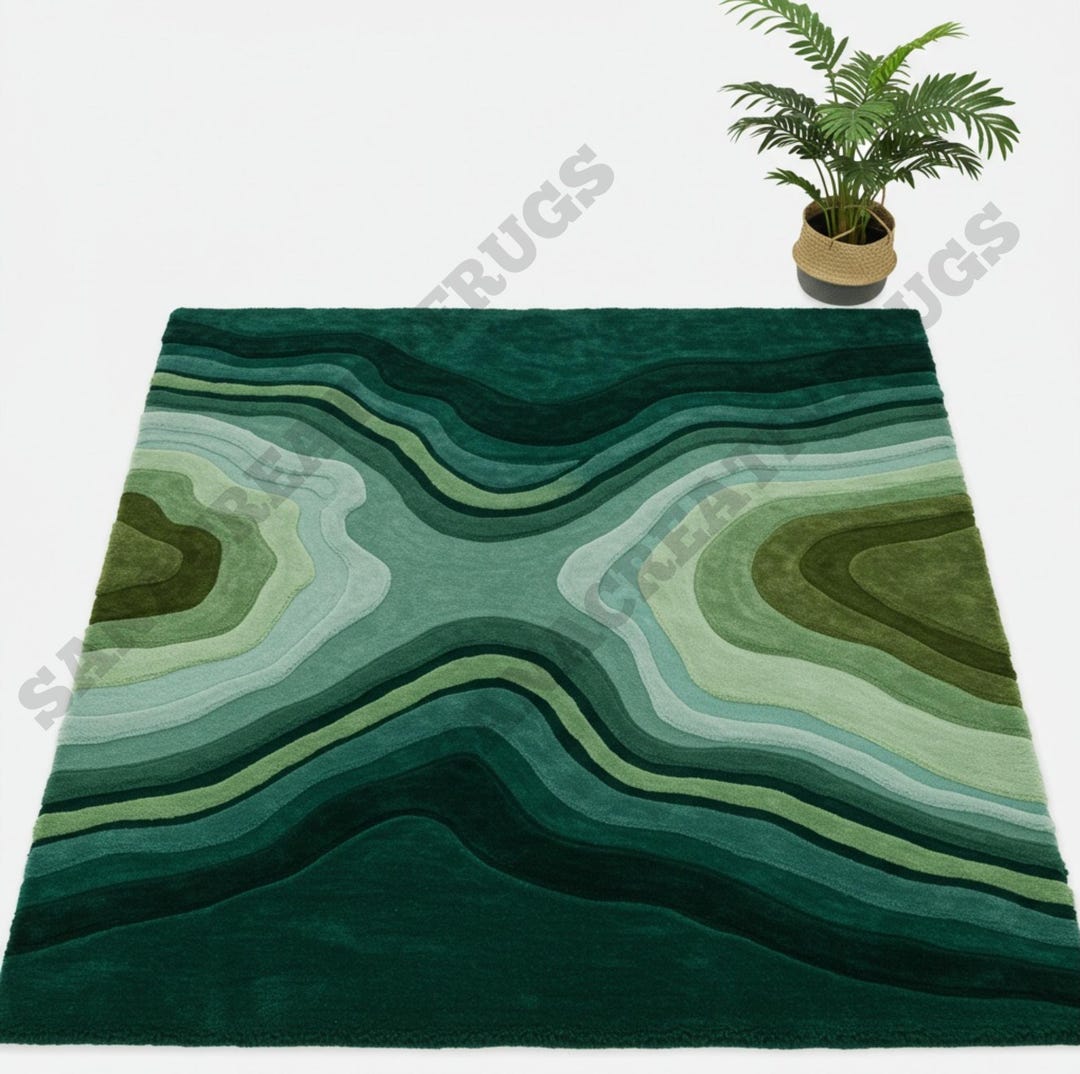 Hand-tufted Green Abstract Wool Rug - Organic Wavy Area Rugs for Living ...