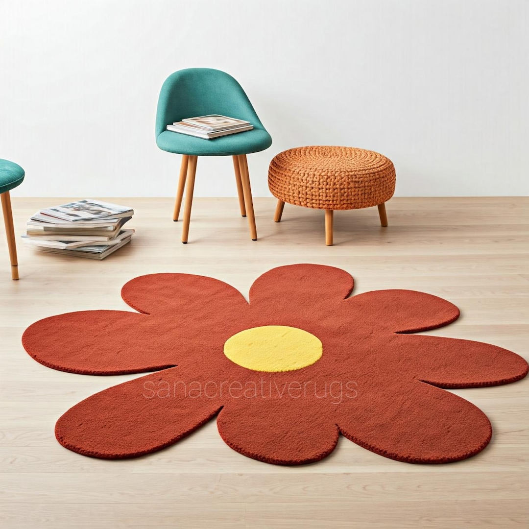 Sunny Daisy Hand-tufted Wool Rug Red Color Irregular Shape Rug, Living ...