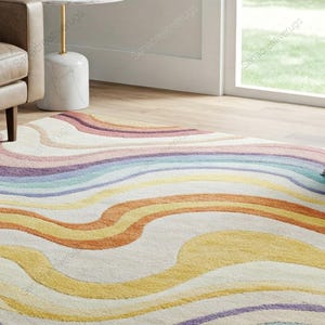 Vibrant Wavy Rainbow Area Rug | Hand-tufted Wool | Modern Abstract ...