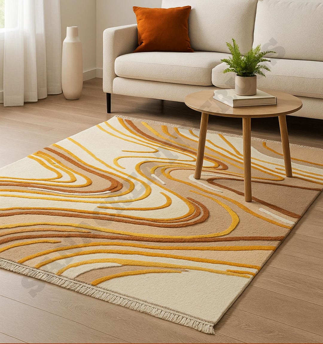 Abstract Rug, Modern Earth Tone Area Carpet With Abstracts Wave Hand ...