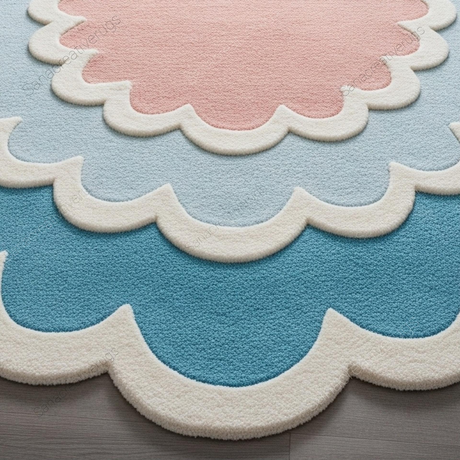 Pastel Rug, Scalloped Wool Floral Carpet, Hand-tufted Pink Blue Nursery ...