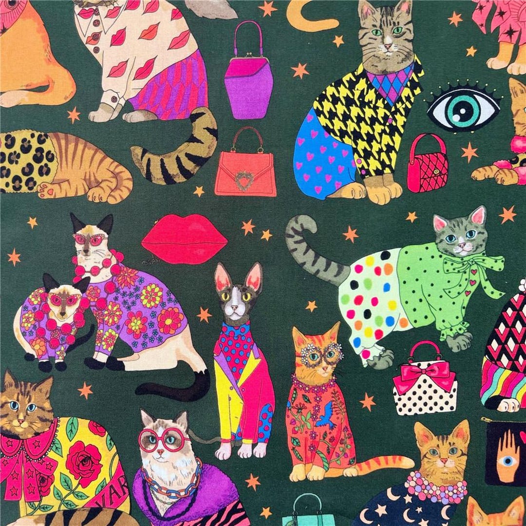 Fashionable Cat Fabric Black Based Cat Print Fabric Cute Cat Fabric ...