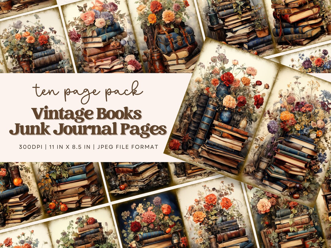 Vintage Books Junk Journal Pages, Digital Scrapbook Paper Kit ...