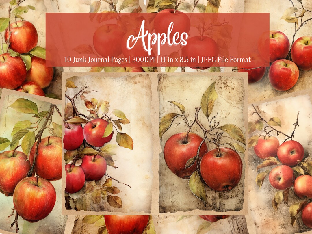 Apples Junk Journal Pages, Digital Scrapbook Paper Kit, Fruit Printable ...