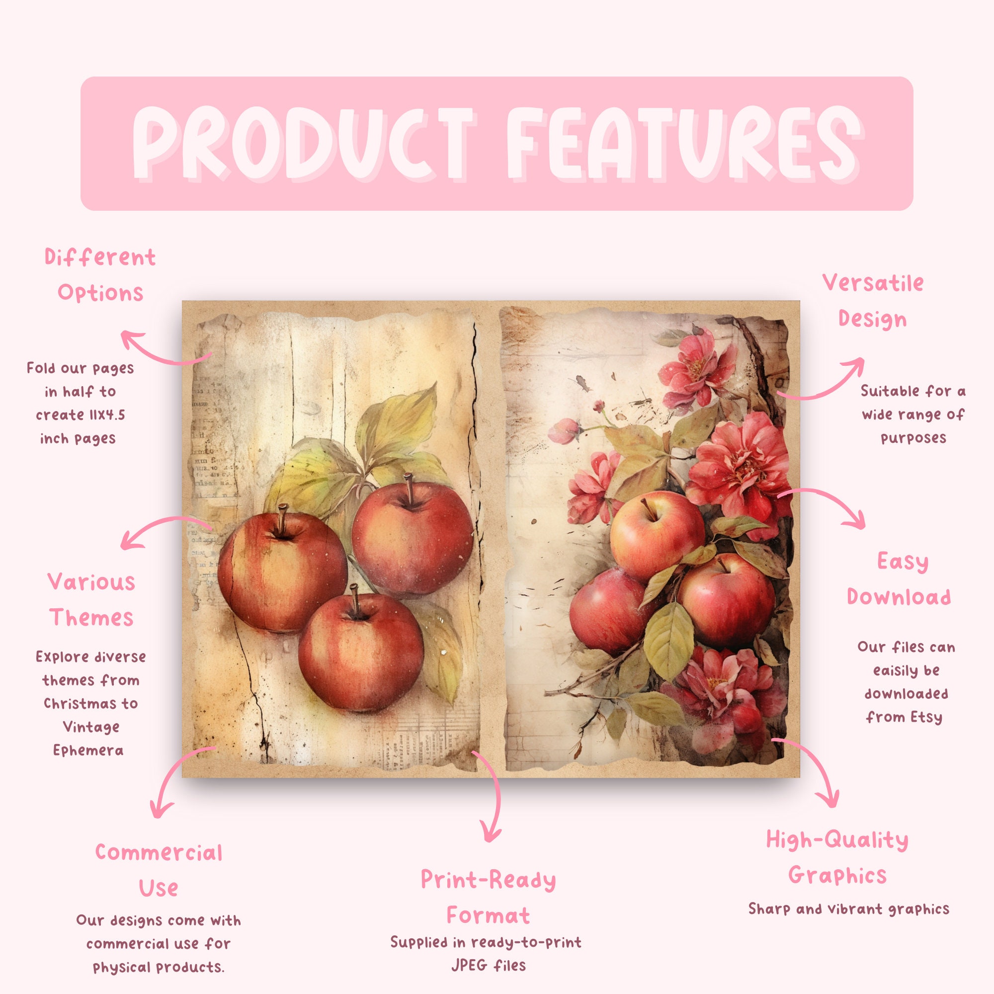 Apples Junk Journal Pages, Digital Scrapbook Paper Kit, Fruit Printable ...