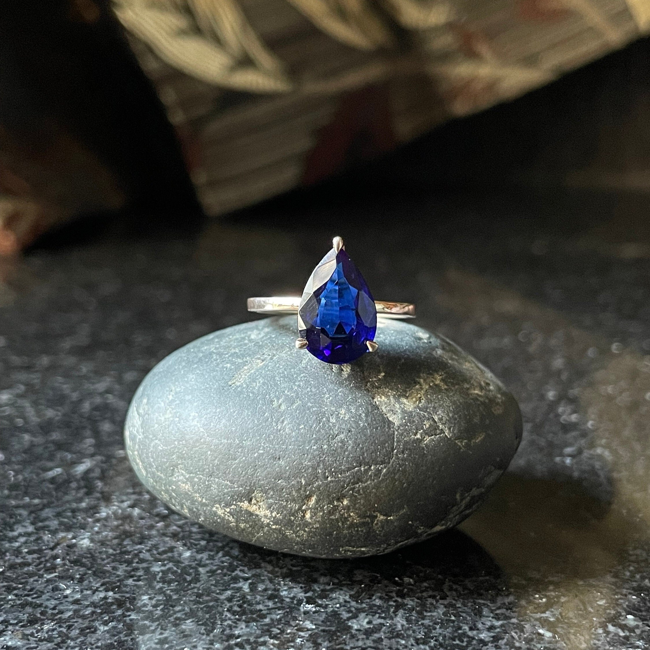 Teardrop Sapphire Ring Deep Blue Teardrop Sapphire Faceted Engagement ...