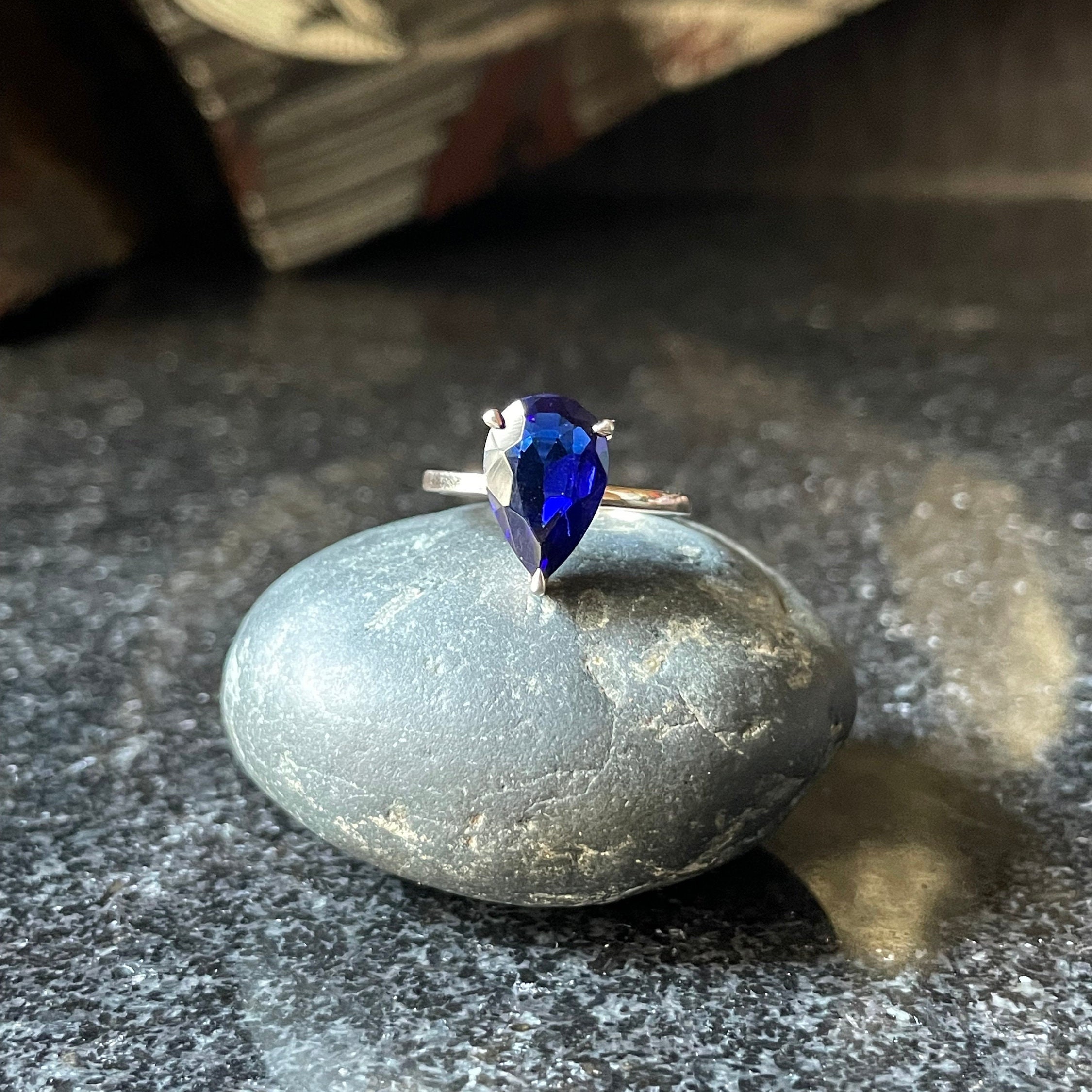 Teardrop Sapphire Ring Deep Blue Teardrop Sapphire Faceted Engagement ...