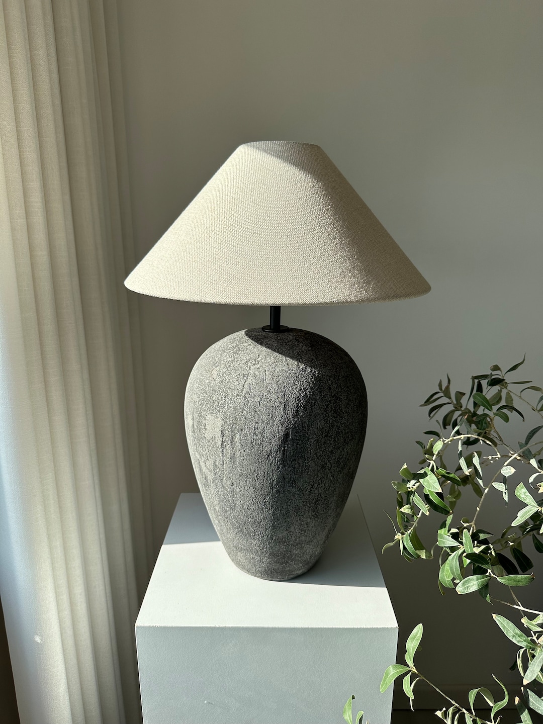 XL Size Black Aged Ceramic Table Lamp Earthenware Unglazed Textured ...