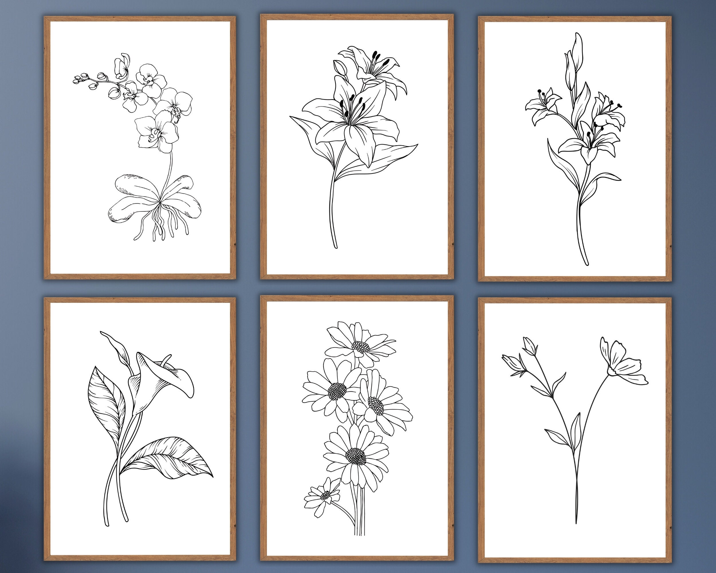 Set of 6 Flower Line Art Prints, Flower Wall Art, Flower Bouquet Wall ...