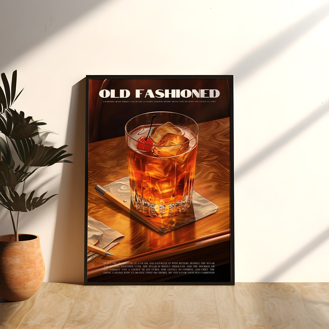 Old Fashioned Cocktail Poster Print - Cocktail Bar Poster Art - Retro ...