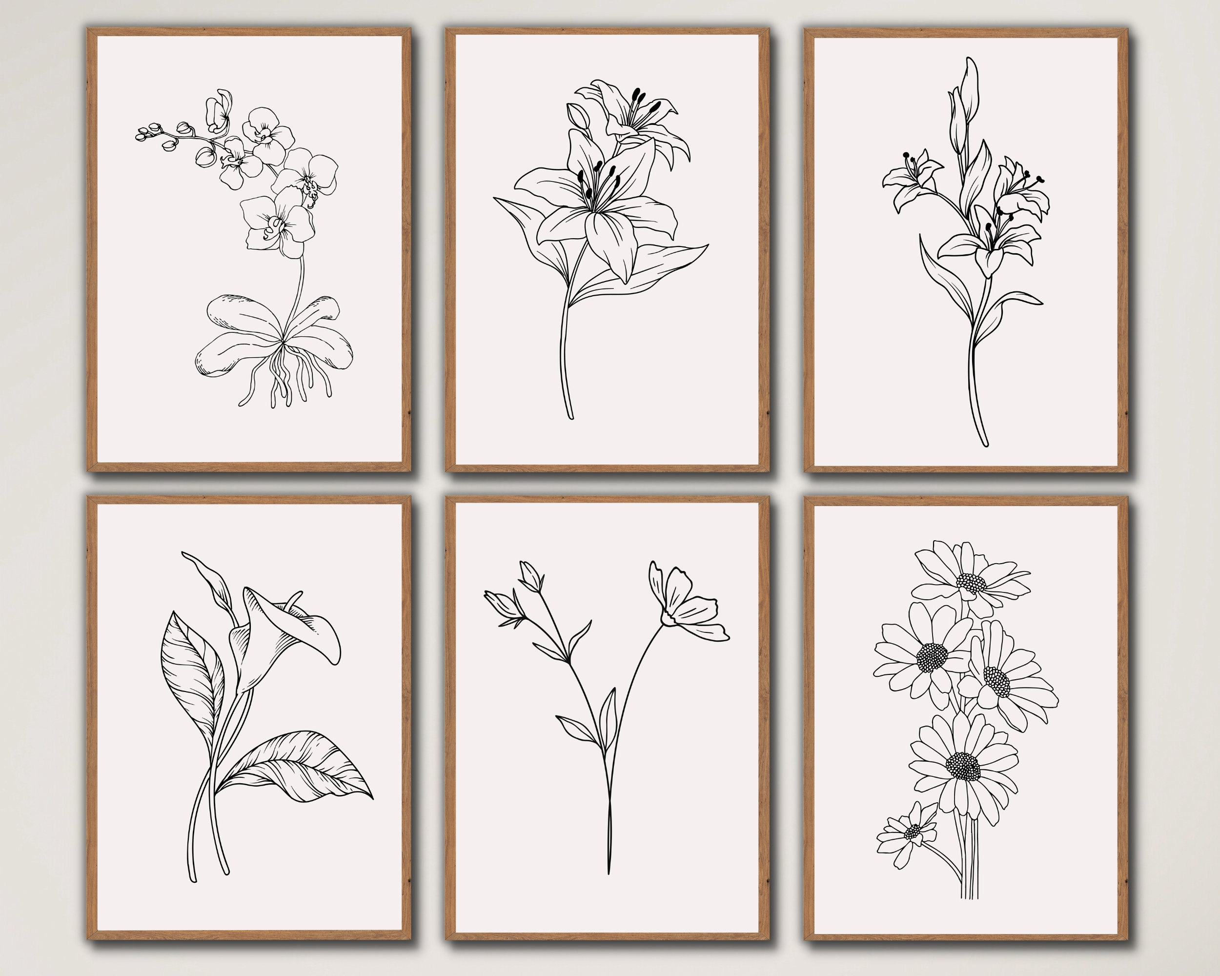 Set of 6 Flower Line Art Prints, Flower Wall Art, Flower Bouquet Wall ...