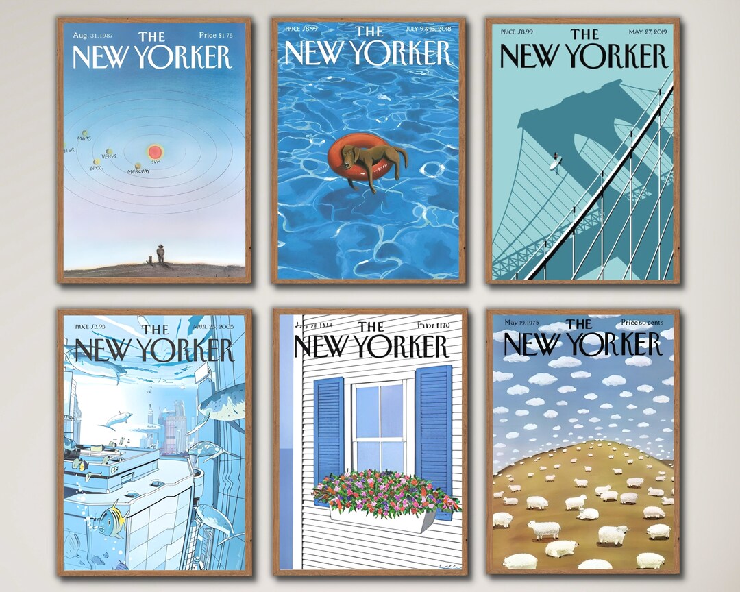 Vintage Magazine Print Set of 6, the New Yorker Blue Cover Set, Poster ...
