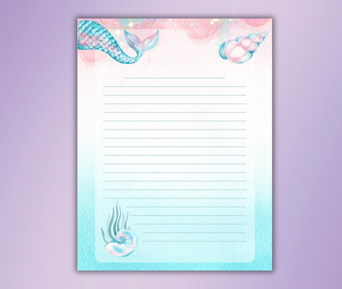 Printable Mermaid Letter Writing Paper Set,mermaid Stationery,marine Watercolor Writing Paper A4 ...