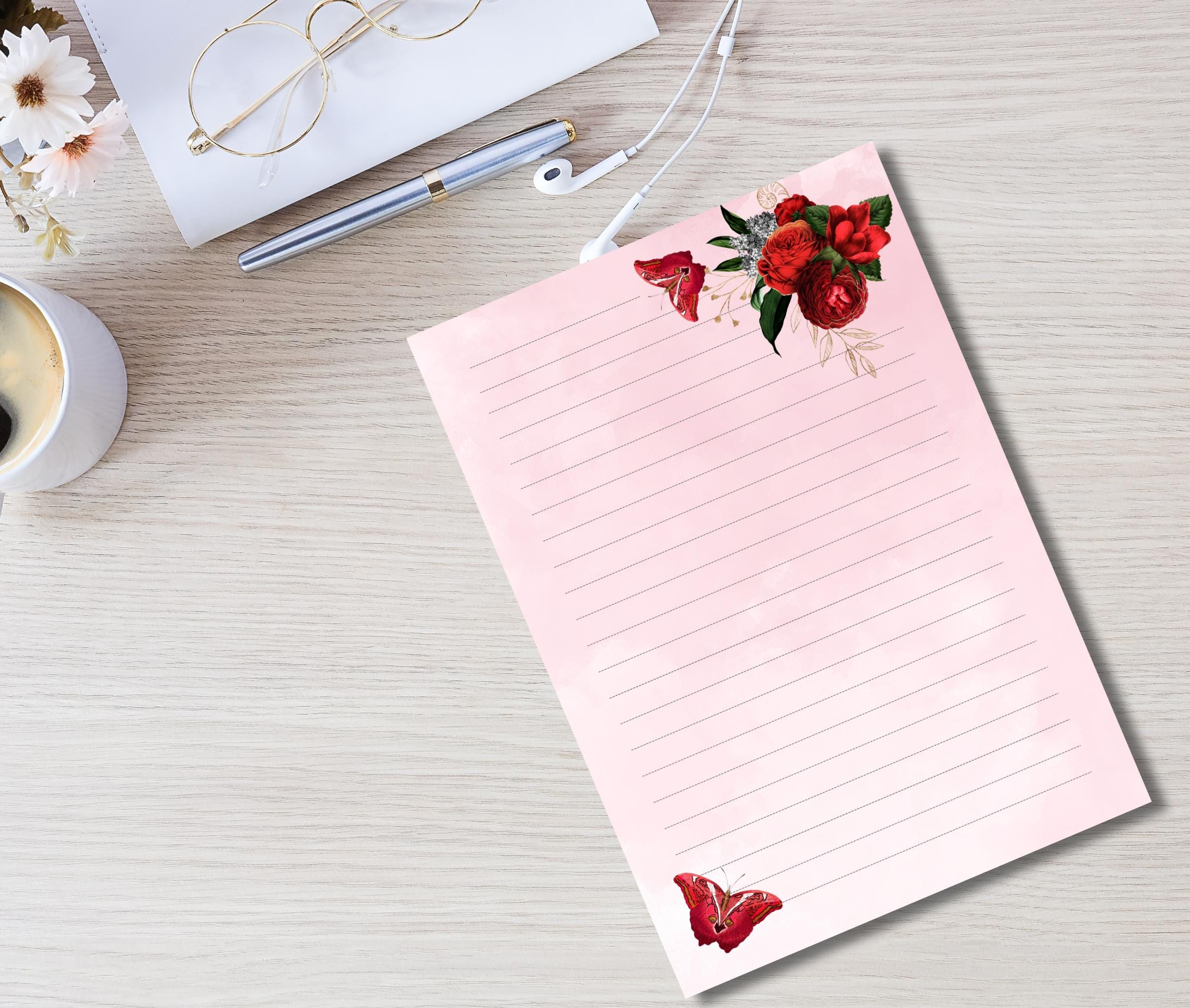 Red Flower With Butterfly Printable Stationery-flower Writing Paper ...