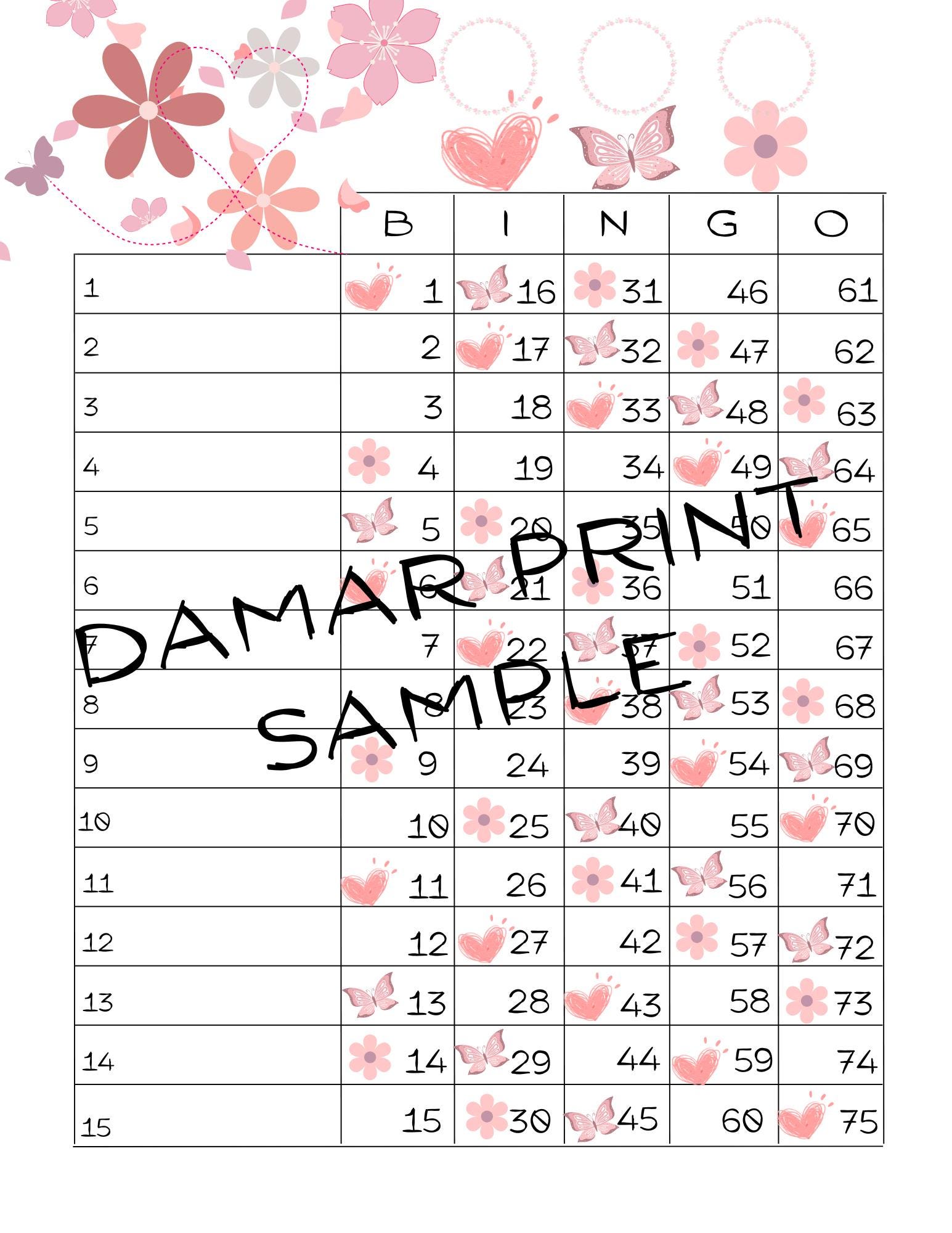 Flower Bingo Boards- Butterfly Printable Bingo Boards 1-15 Lines ...