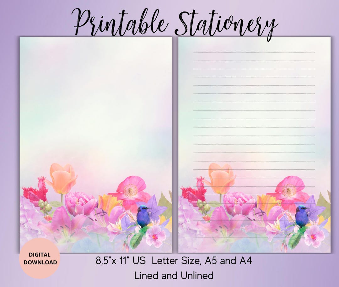 Spring Flowers With Birds Printable Stationery-tulip Writing Paper Set ...
