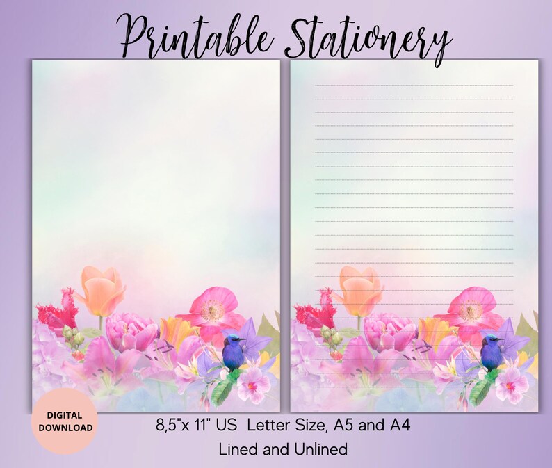 Spring Flowers With Birds Printable Stationery-tulip Writing Paper Set ...