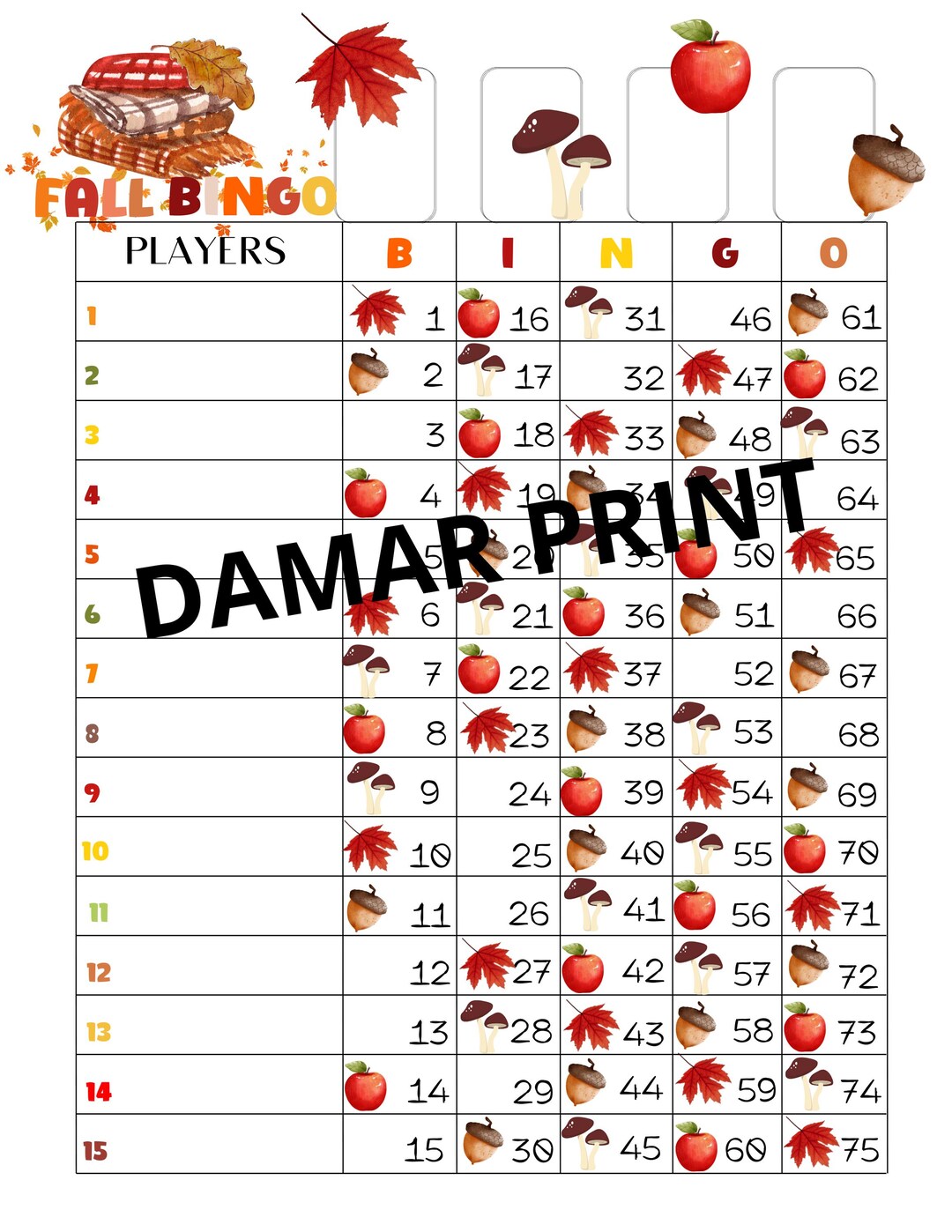 Fall Autumn Bingo Boards Printable-bingo Boards 1-15 Lines -straight ...
