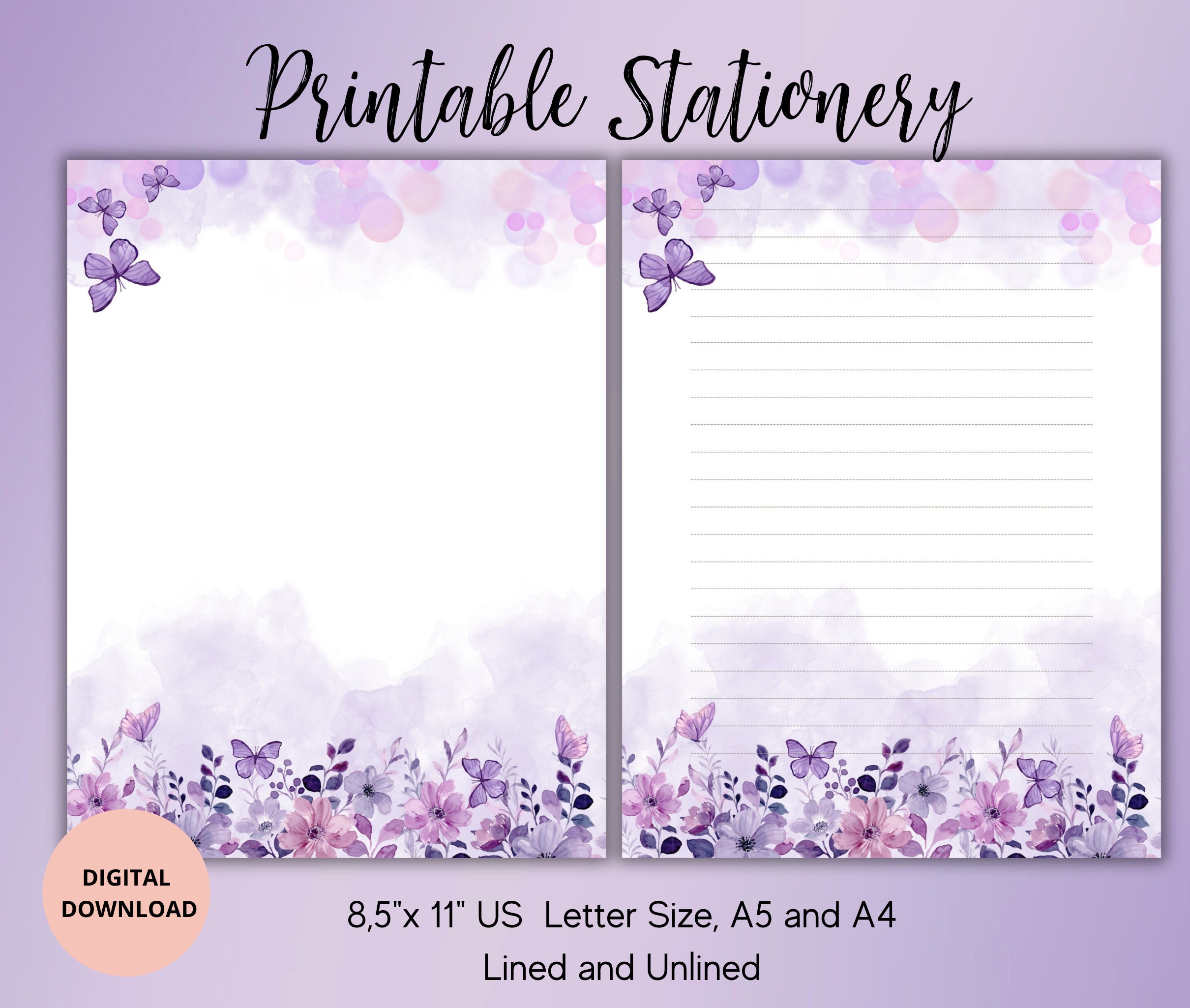 Purple Flower With Butterflies Printable Stationery-flowerstationary ...