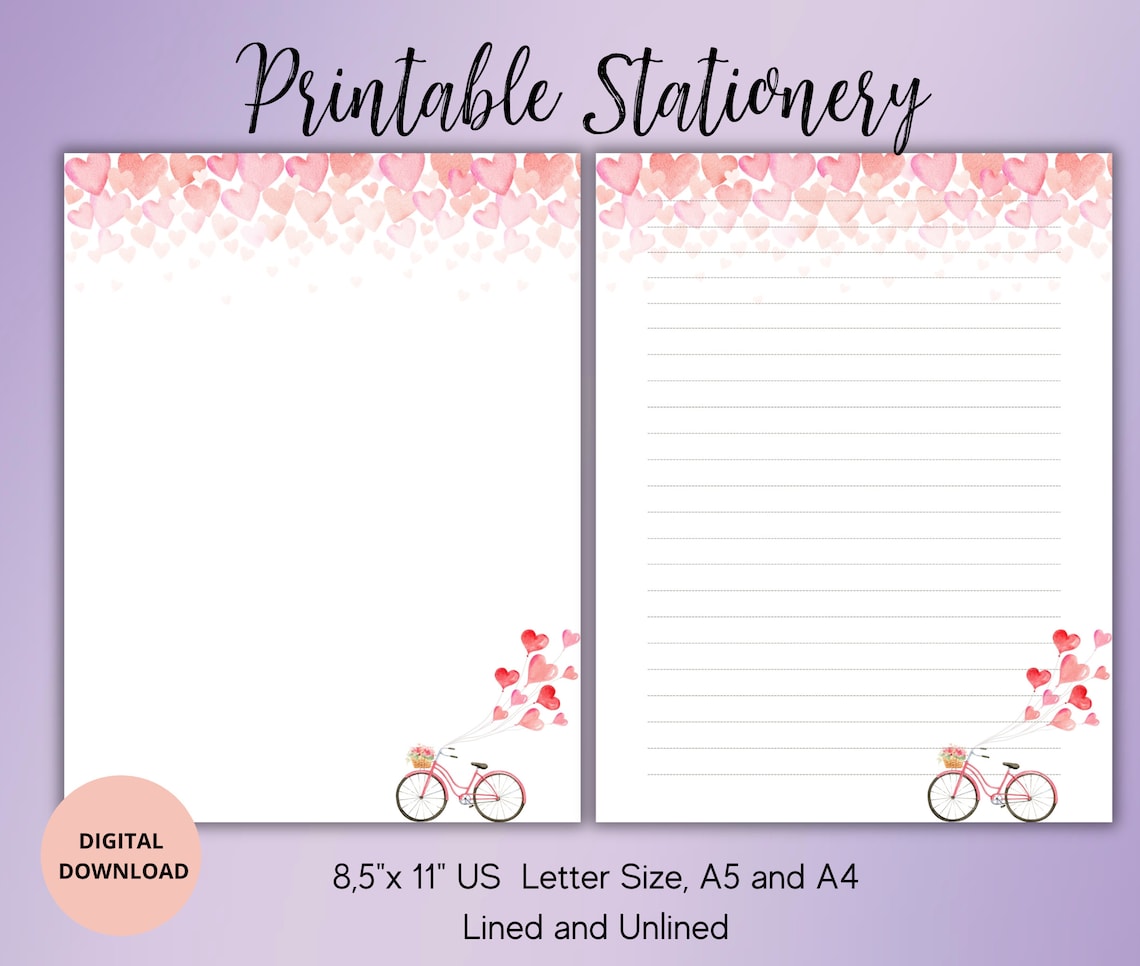 Heart Printable Stationery-love Note Digital Download-valentine's Day Printable Writing Paper ...