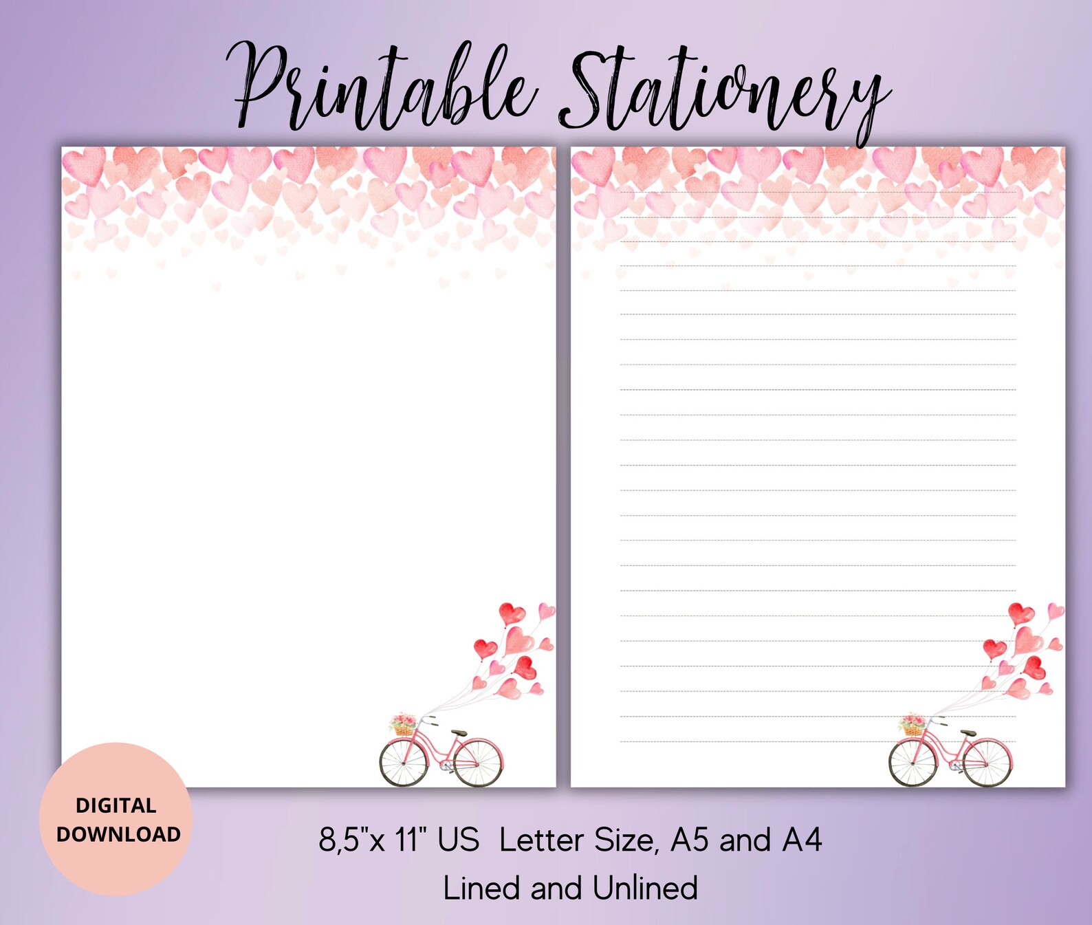 Heart Printable Stationery-love Note Digital Download-valentine's Day ...