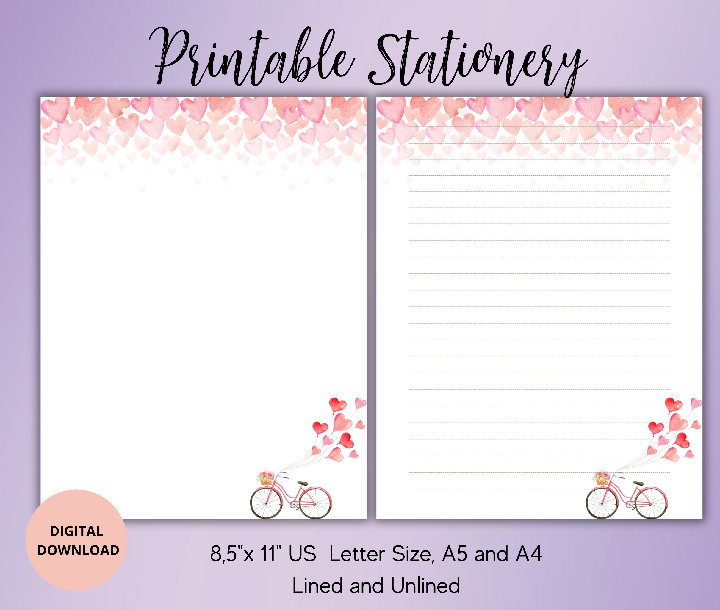 Heart Printable Stationery-love Note Digital Download-valentine's Day ...