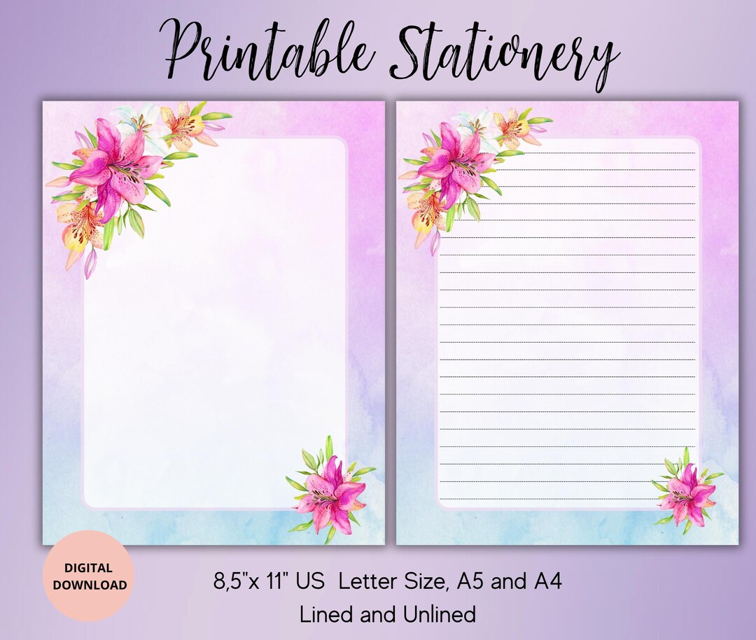 Watercolor Lily Flowers Printable Stationery,flower Floral Writing ...
