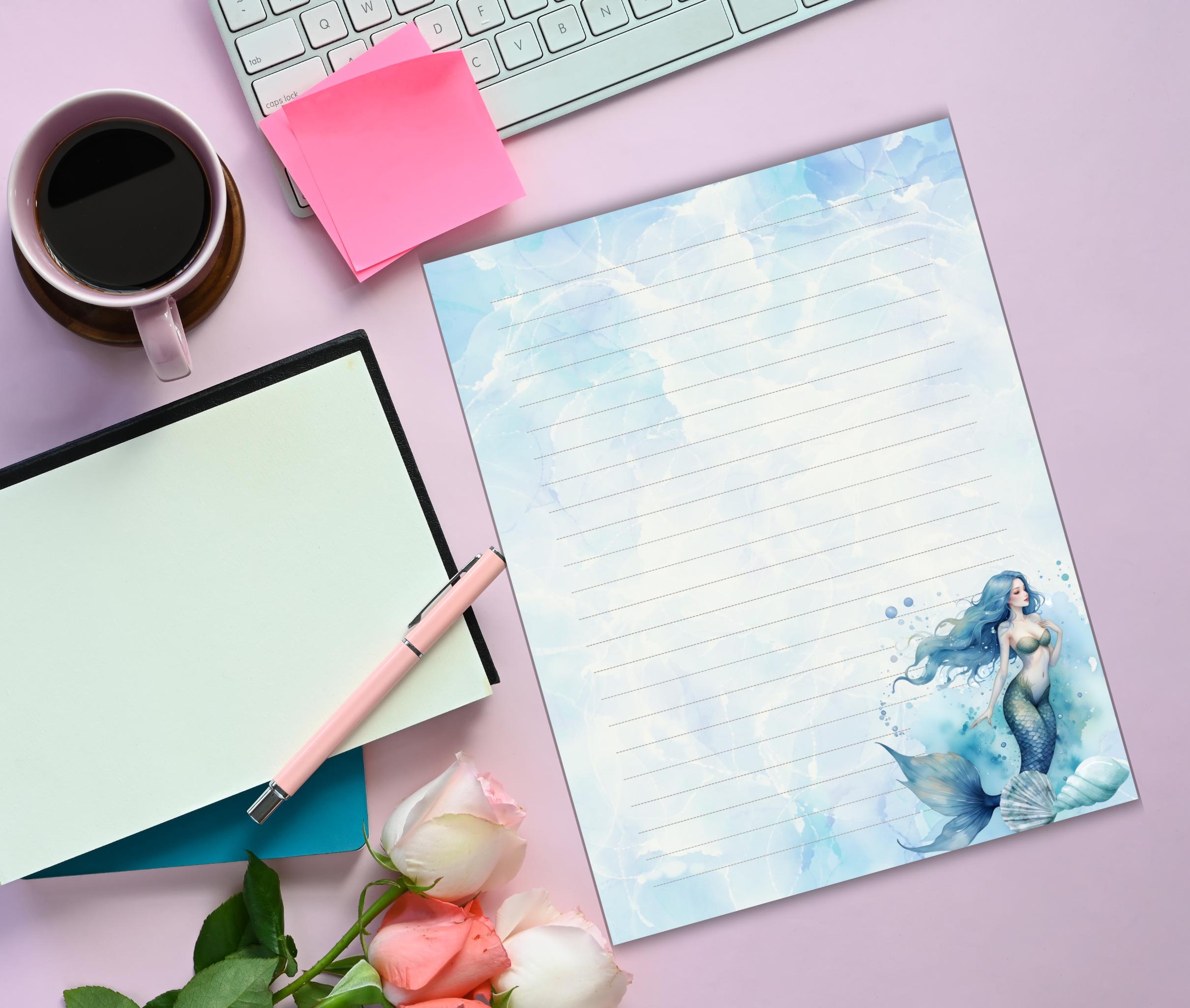 Watercolor Mermaid Printable Stationery-marine Writing Paper Set A4/A5 ...