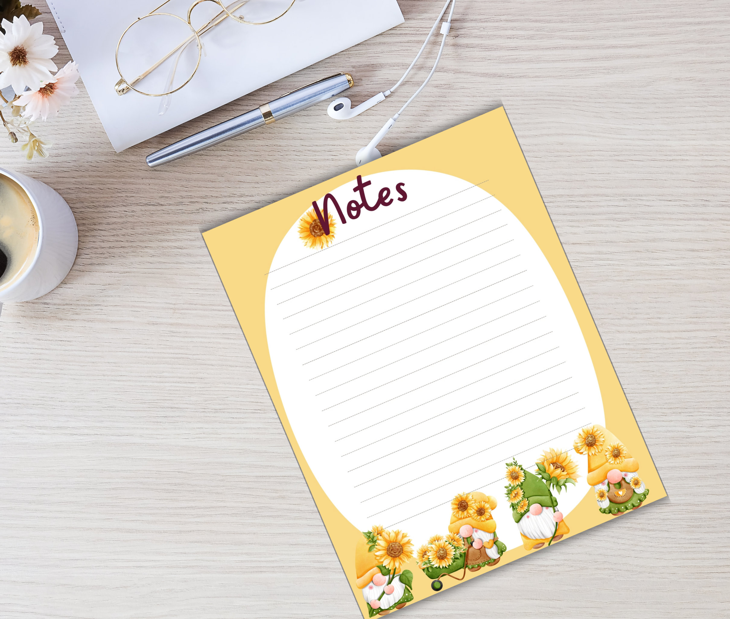 Gnome Printable Notes-printable Gnome Stationary-sunflowers Printable ...