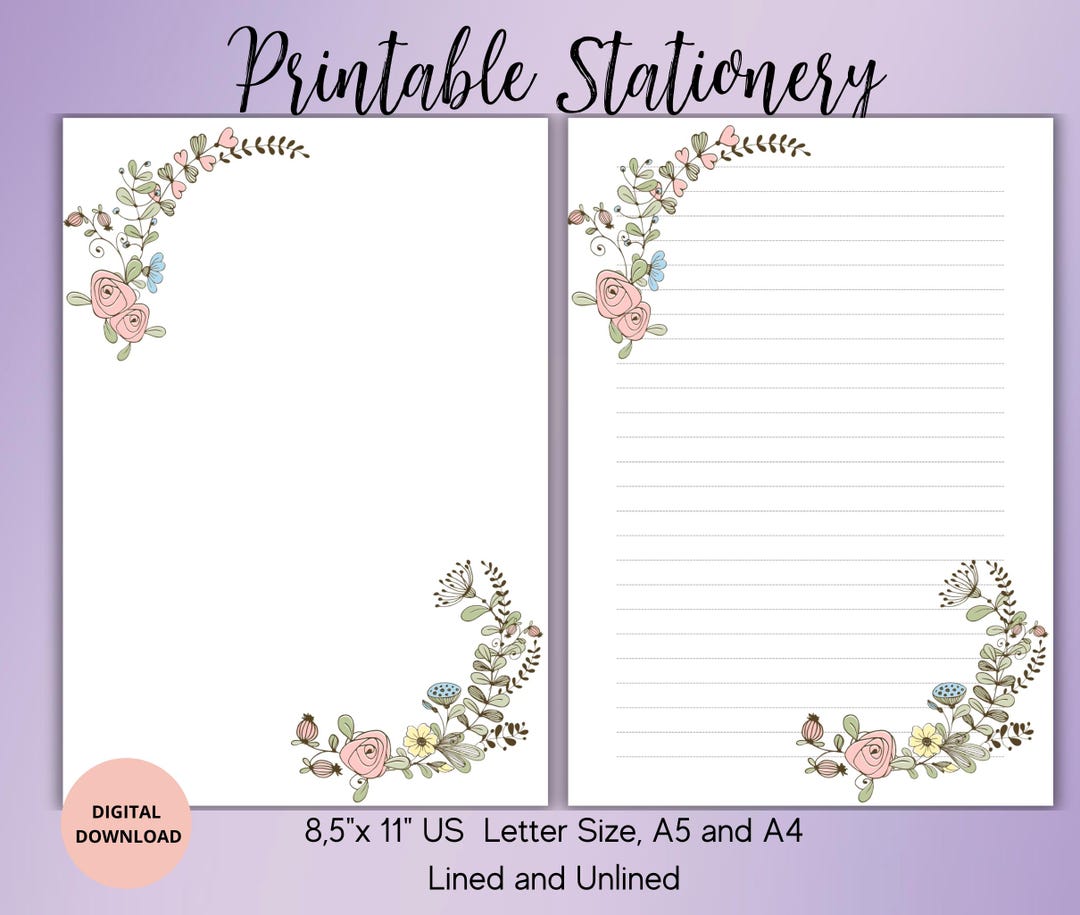 Flower Printable Stationery-floral Writing Paper Set Unlined Lined A4 ...