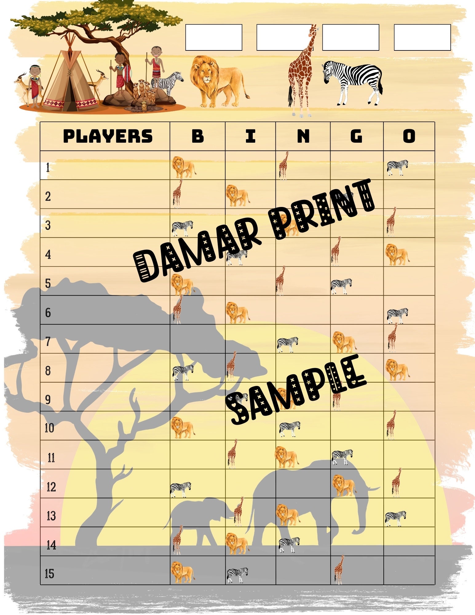 Bingo Boards 1-15 Lines safari Animal Straight Mixed 75 Ball-printable ...