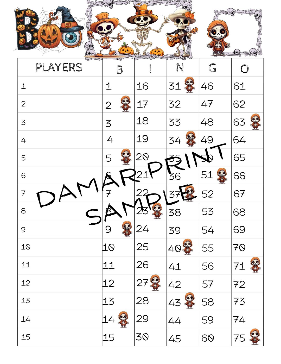 Halloween Skeletons Bingo Boards - Instant Download -15 Lines -BOO ...