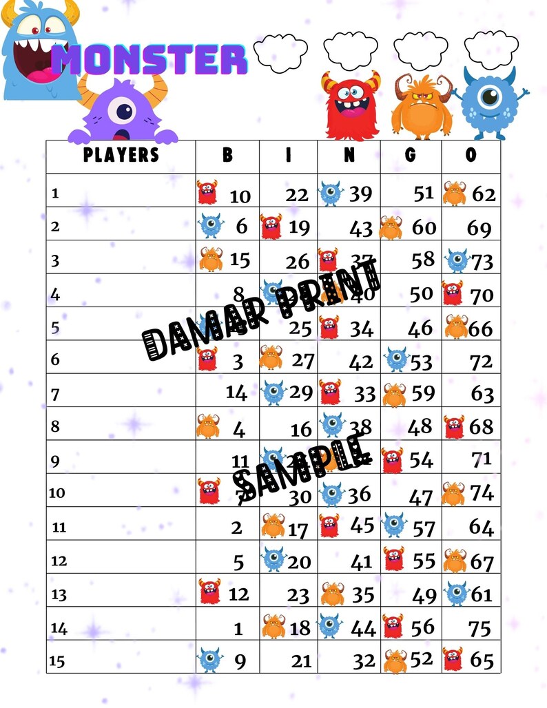 Bingo Boards Printable-bingo Boards 1-15 Lines -monster Bingo ...