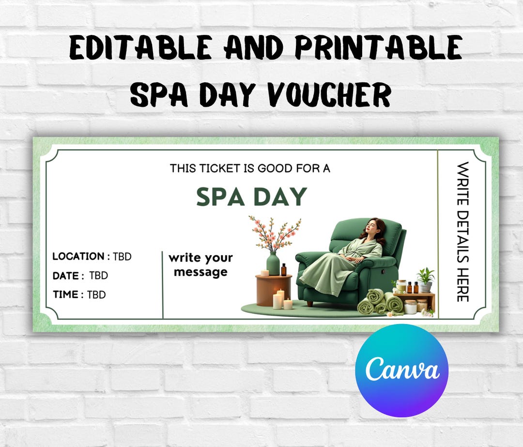 Spa Day EDITABLE Voucher-personalized Spa Day Gift Voucher-editable Spa ...