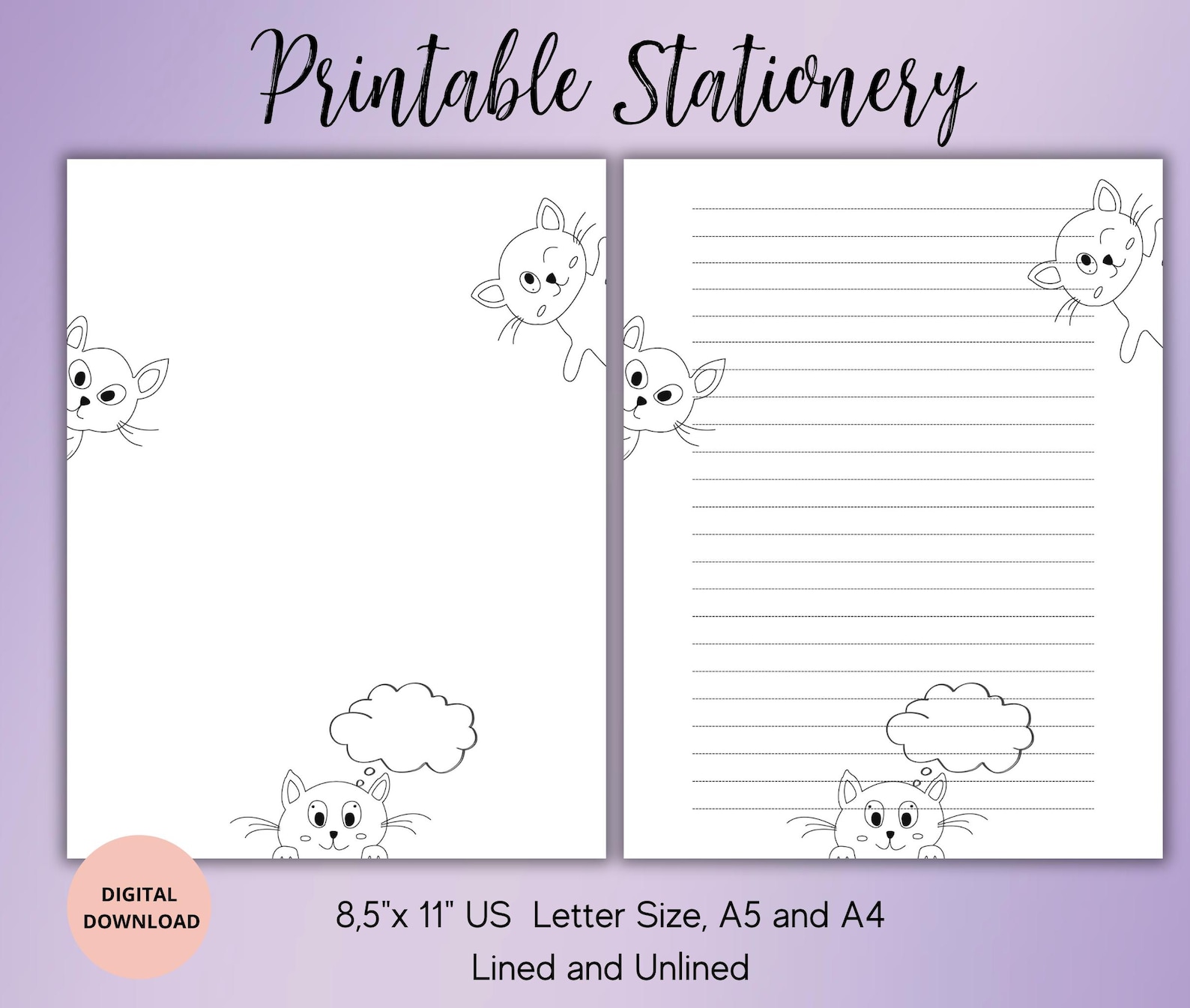 Cat Stationary,printable Letter Writing Paper, Pen Pal Supplies ...