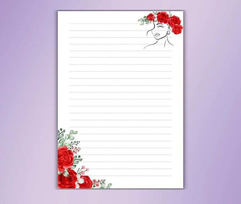 Girl With Flowers Printable Stationery-roses Flower Stationary-floral ...